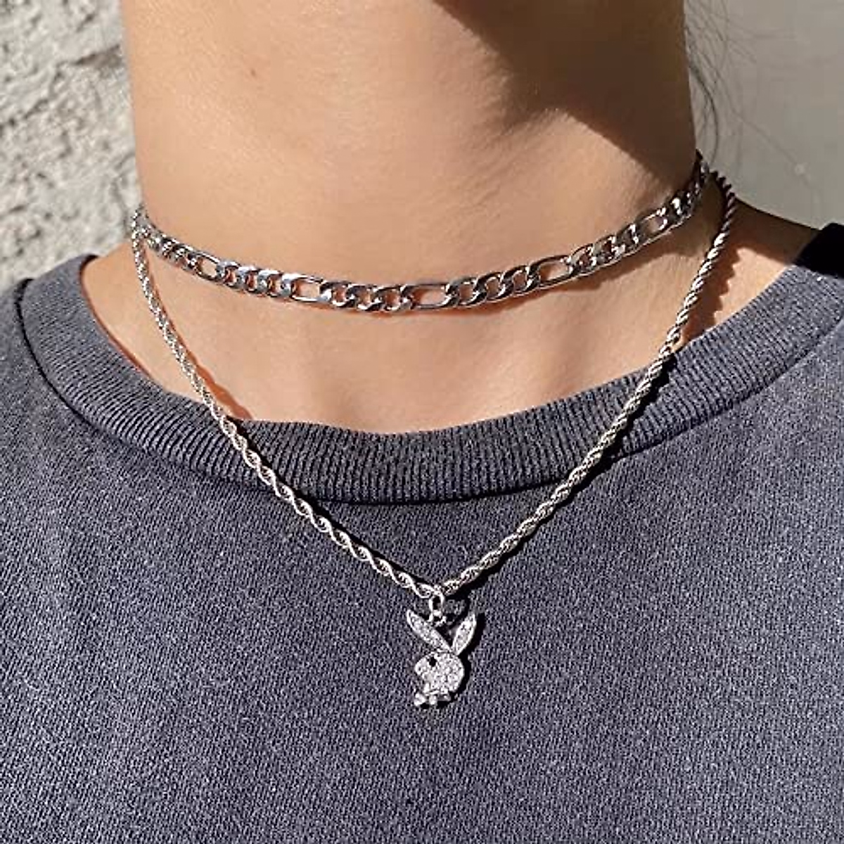 Hohamn Bunny Pendant Necklace Silver Bunny Necklace Play Boy Rabbit Charm Pendant Necklace For Women men Surgical Steel Playboy Bunny Pendant Necklace