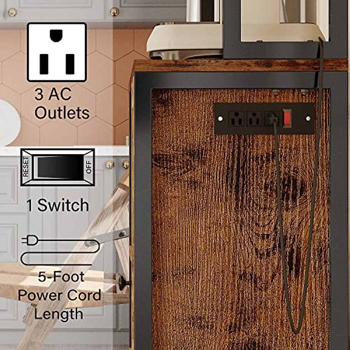 IRONCK Bakers Rack, Microwave Stand with Power Outlets, Kitchen Storage with Wheels & Feet, Coffee Station with Cabinets and 10 S-Hooks, Vintage Brown