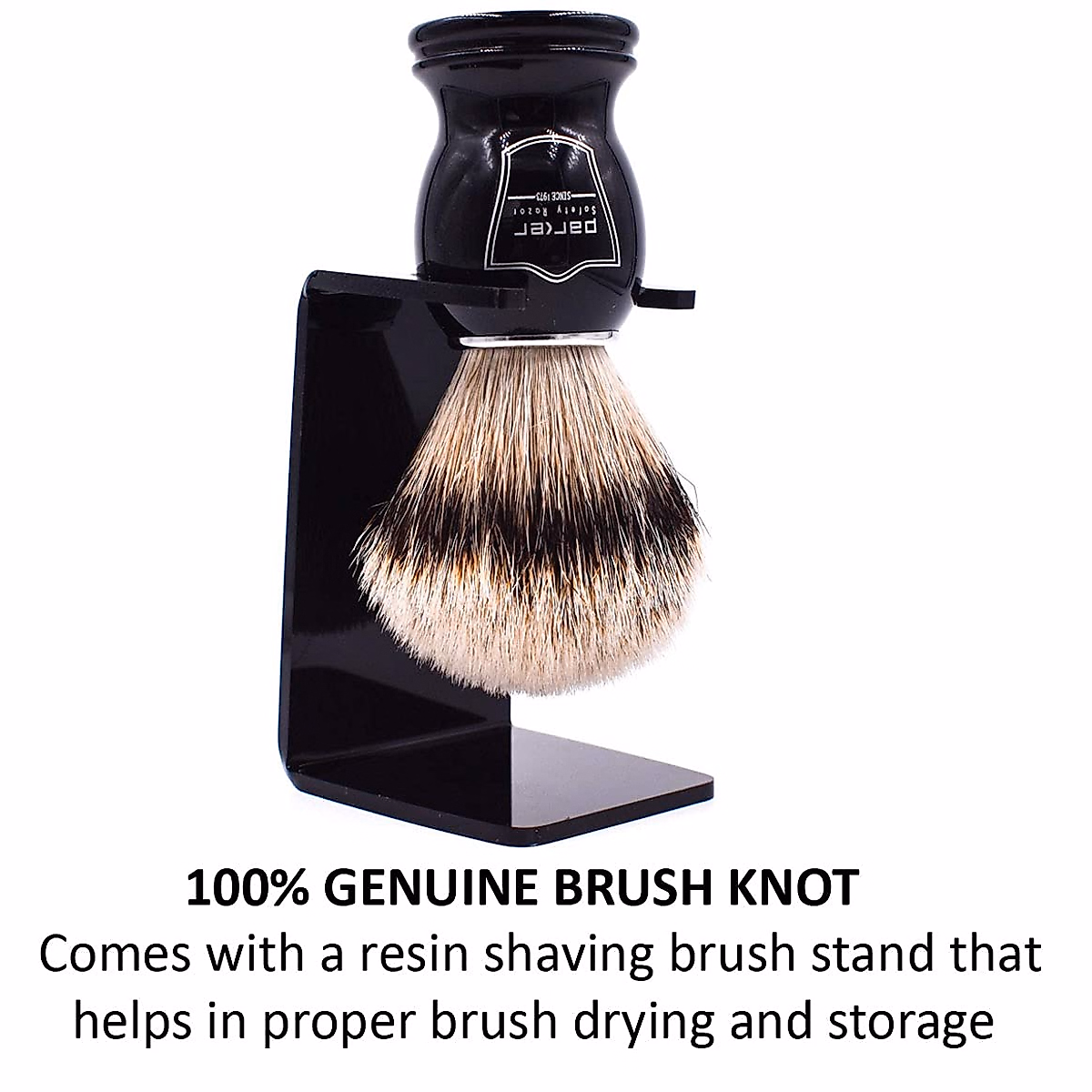 Parker’s 100% Silvertip Badger Bristle Shave Brush – Brush Stand Included (Black Handle)