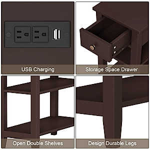 ChooChoo Narrow End Table Set of 2,Side Table Living Room with USB Ports & Power Outlets and Hidden Drawer, 3-Tier Skinny Nightstand with 2 Open Storage Shelves for Small Place(Espresso)