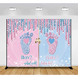 Sensfun 7x5ft Little Feet Gender Reveal Backdrop Boy or Girl What Will Baby Be Party Decoration Pink Blue Backdrops for Baby Gender Reveal Surprise Party Banner Supplies