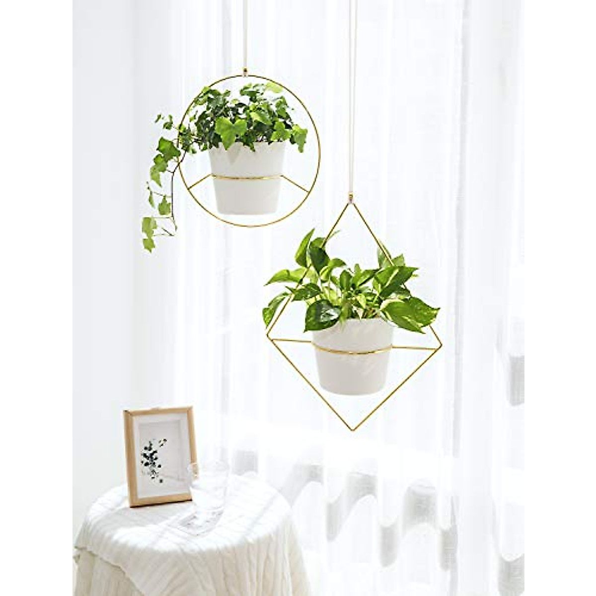 Mkono Boho Metal Hanging Planter with Plastic Pots, Set of 2 , Modern Mid Century Flower Pot Plant Holder in Diamond and Circle Shape, Fits 6 Inch , Gold