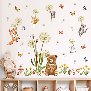 wondever Animals Dandelion Wall Stickers Bear Koala Fox Peel and Stick Wall Art Decals for Baby Nursery Kids Bedroom TV Wall