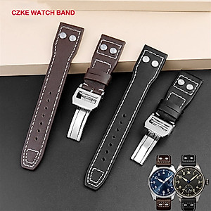 SKM Genuine Leather Rivets Watchband for IWC Big Pilot Spitfire Cowhide Folding Buckle Watch Men Strap 21mm 22mm (Color : Black Silver Clasp, Size : 22mm)