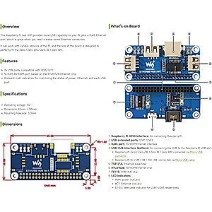 Waveshare Ethernet/USB HUB HAT, Compatible with Raspberry Pi 5/4B/3B/Zero/Zero W/Zero 2W/Pico/Pico W/Pico WH, 1x RJ45 Ethernet Port, 3X USB Ports