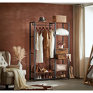 VASAGLE Free Standing Closet Organizer, Clothes Rack, Closet Organizer and Storage Shelves, Hanging Rod, 2 Drawers, Industrial Style, Rustic Brown and Black URGR001B01