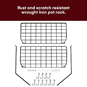 Vdomus Hanging Pot and Pan Organizer - Rustproof Wall Mounted Pot Rack for Kitchen Storage - Durable, Thick Iron Material - 2-Tier Pot Shelf with 10 Hooks for Utensils - Wall Mounted Black Pot Rack