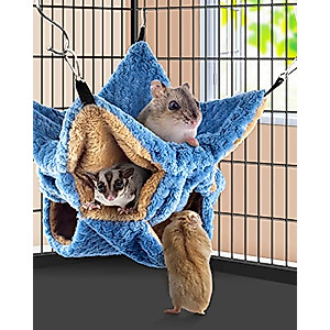 TINDTOP Small Animals Hammock, Ferret Sugar Glider Triple Bunk Bed Cage Warm Plush Hanging Hammock Bed Hideout for Hamster Guinea Pig Rat Ferret Chinchilla (Grey + Blue)