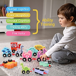 BESTAMTOY Wooden Colorful Dinosaur Number Train Toys Matching Sequencing Games Recognition Educational Learning Counting Set Building Blocks Kit