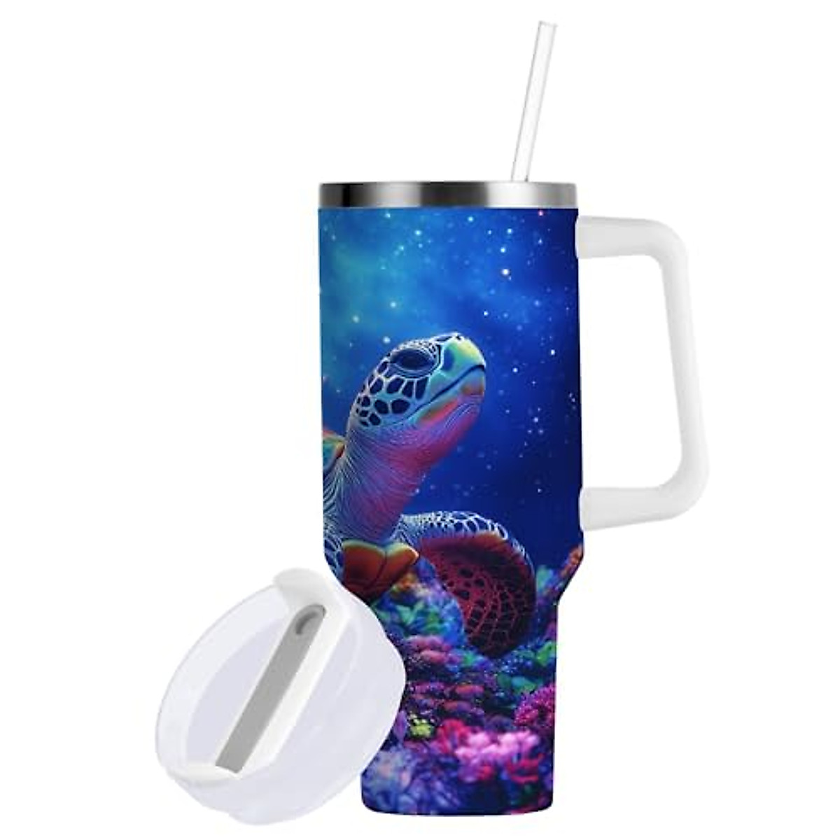 Slewiaeky Tumbler with Handle 40 oz Colorful Tortoise Turtle Travel Mug with Lid and Straw Ocean Stainless Steel Vacuum Insulated Water Bottle Cup for Iced Tea Coffee Cold Beverages Cup Holder Friend