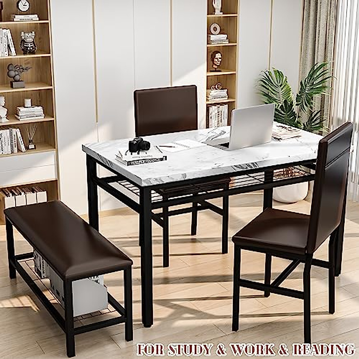 Lamerge Kitchen Table and 2 Chairs for 4 with Bench,Faux Mable Dining Table Set for 4 w/Storage Rack,Dining Room Table Set Dinner Table for Small Spaces, Apartment,White+Brown