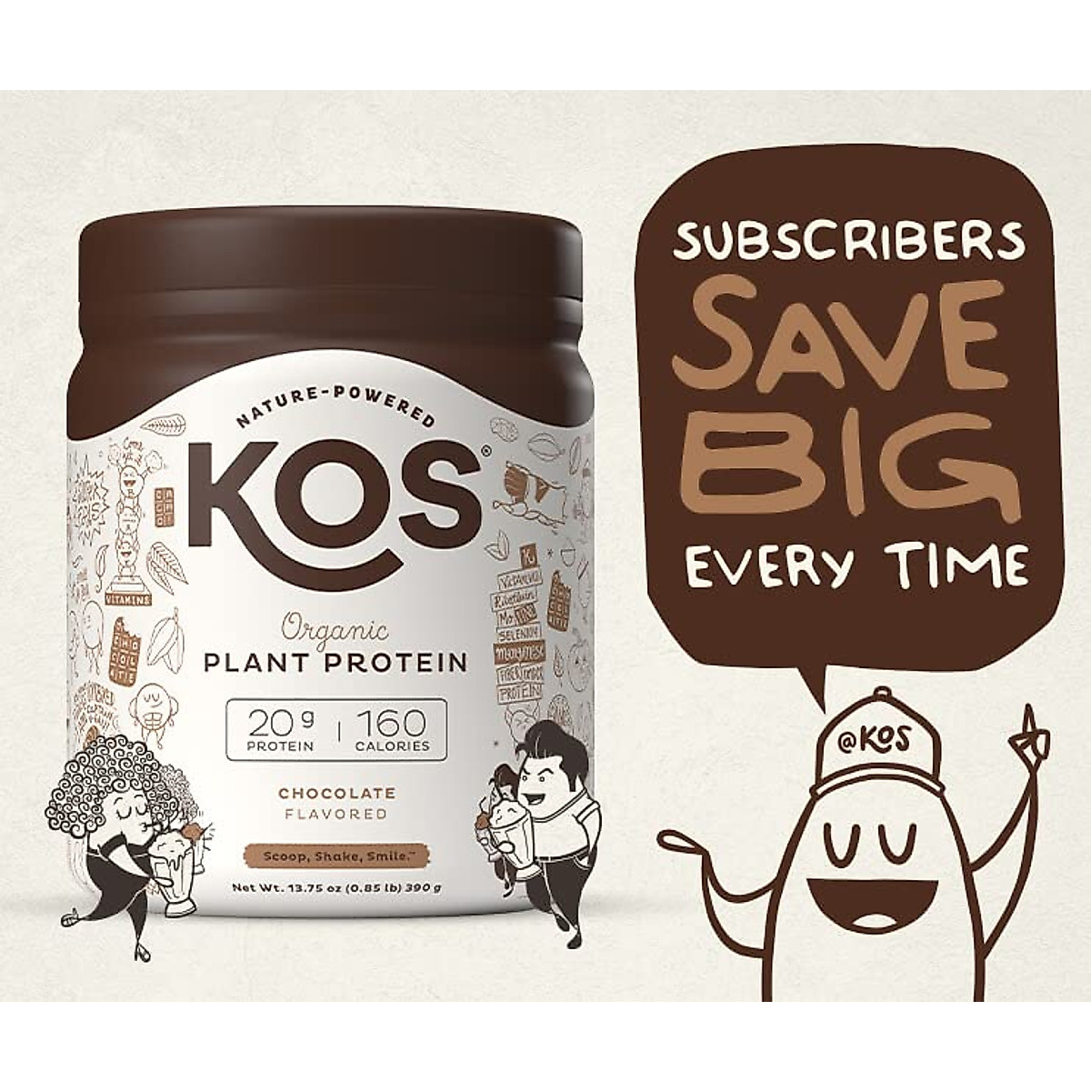 KOS Vegan Protein Powder, Chocolate USDA Organic - Low Carb Pea Protein Blend, Plant Based Superfood with Vitamins & Minerals - Keto, Soy, Gluten Free - Meal Replacement for Women & Men - 10 Servings