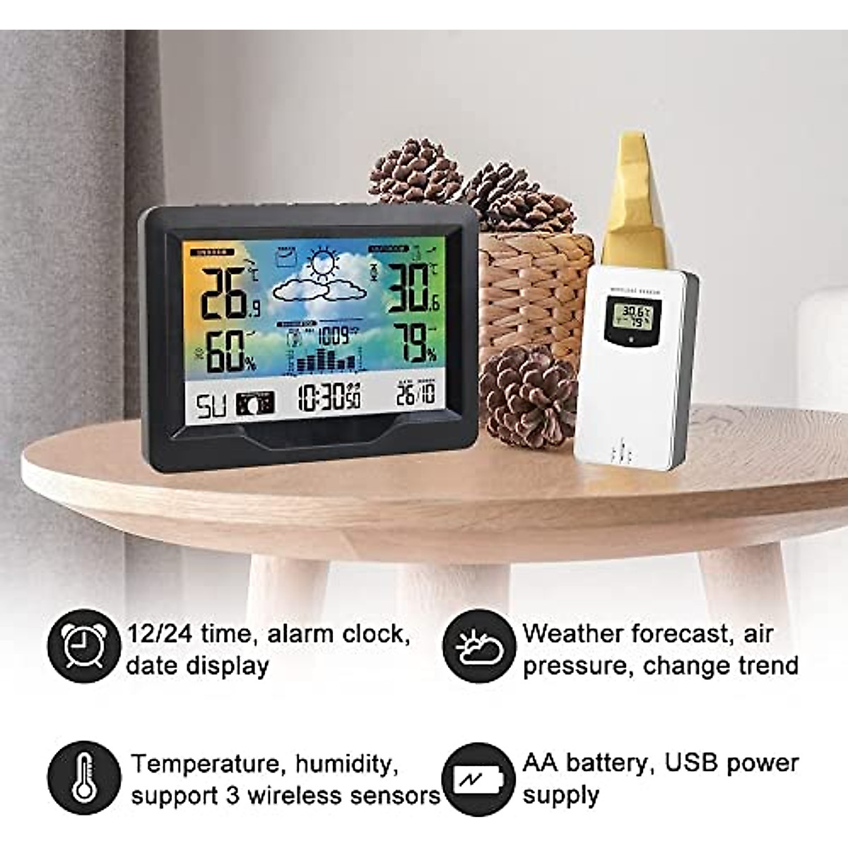 XARONF Indoor Outdoor Thermometer, Weather Station with Atomic Clock, High Precision Temperature Humidity Meter, HD Color Display Weather Thermometer with Backlight