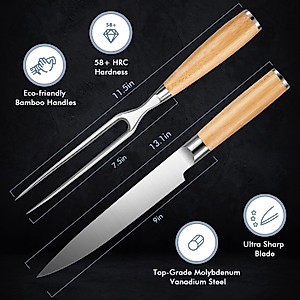 WEQUALITY Carving Knife and Fork Set with Bamboo Handles,Meat Turkey Carving Set，Premium Molybdenum Vanadium Steel Meat Slicing Knife with Meat Fork,Gift Box Packing