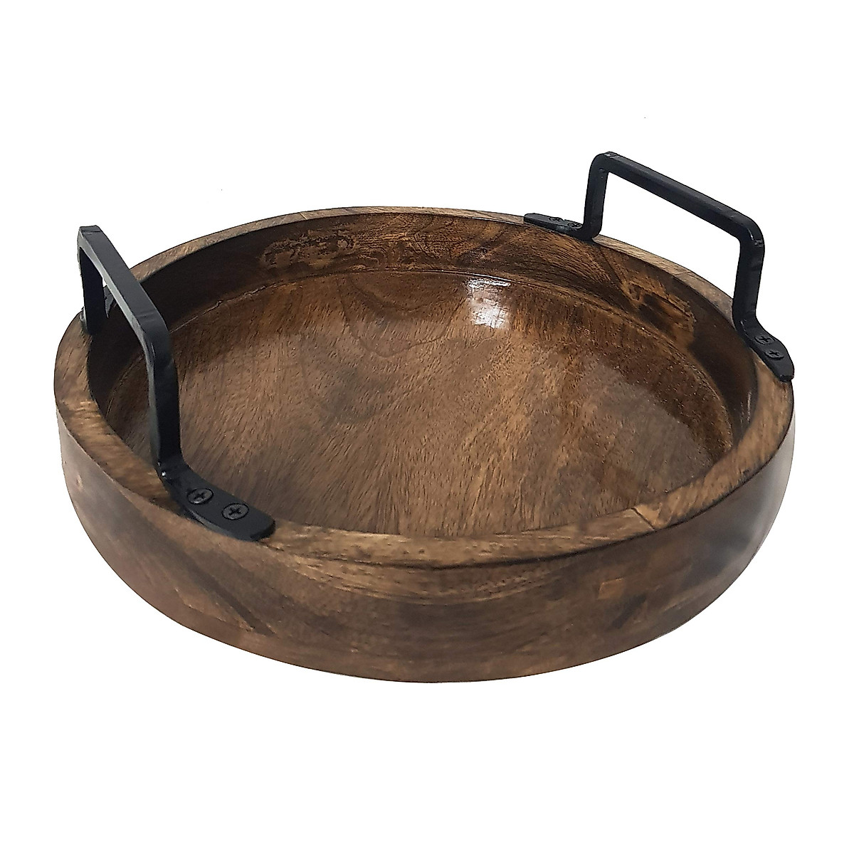 Handcrafted Antique Rustic Wooden Round Serving Trays Round with Handles Brown Kitchen Accessories Set of 2