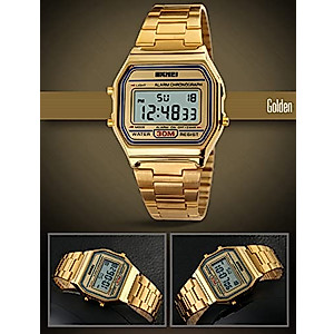 PASOY Men's Digital Gold Stainless Steel Watch Backlit Multifunction Stopwatch Waterproof Sport Watches Reloj (Gold)