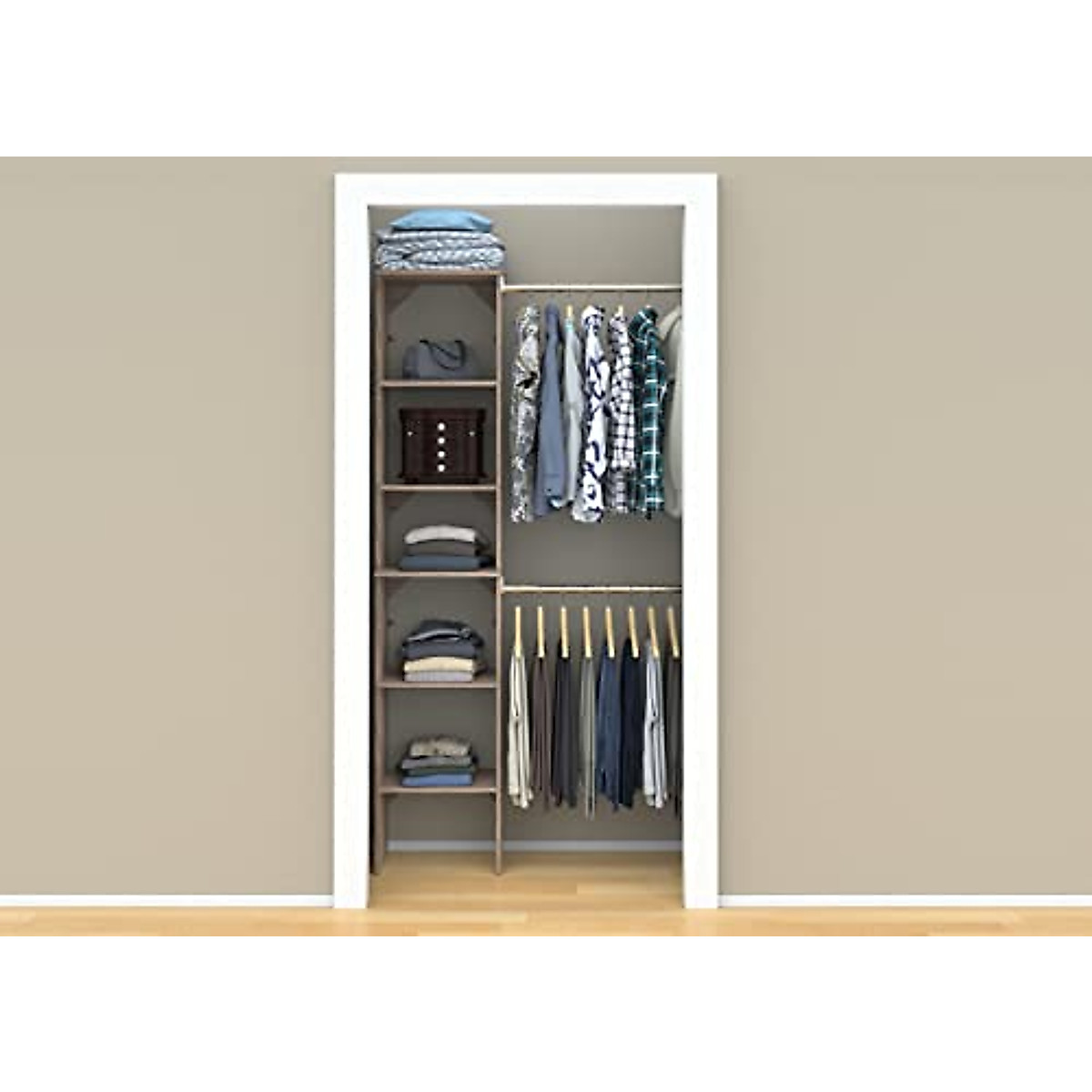 ClosetMaid SuiteSymphony Wood Closet Organizer Starter Kit with Tower and 3 Hang Rods Shelves, Adjustable, Fits Spaces 4 – 9 ft. Wide, Natural Gray, 16"