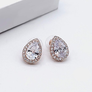 UDYLGOON Zirconia Teardrop Necklace Earrings Bracelet Jewelry Set for Bride Bridesmaid Wedding Party Prom (Rose Gold)