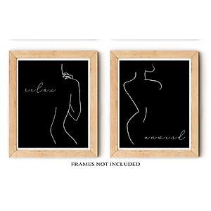 Abstract Minimalist "Relax, Unwind" Black Wall Decor - Set of 2-8"x10" UNFRAMED Prints - Modern, Minimal, Black And White Line Art - Female Figure Silhouette - Bathroom Wall Decor