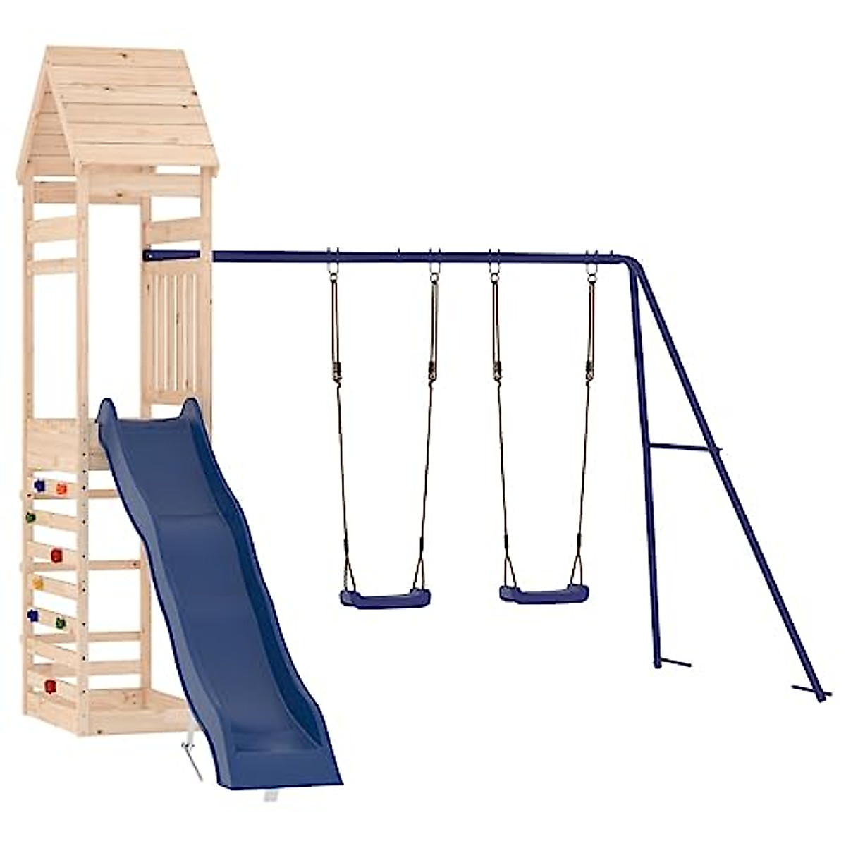 GOLINPEILO Outdoor Playset Solid Wood Pine, Garden Play Set with 1 Play Tower,1 Wave Slide,1 Double Swing Set, Modern Outdoor Backyard Children's Climbing Wood Playground Playset,-4591