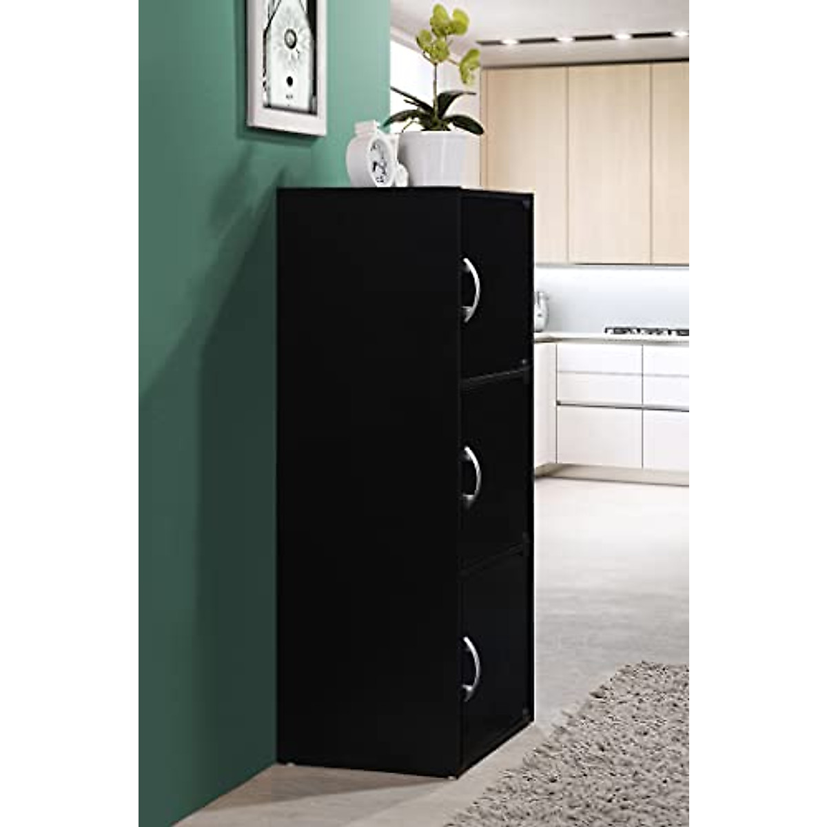 HODEDAH IMPORT 3-Shelf Bookcase Cabinet, Black