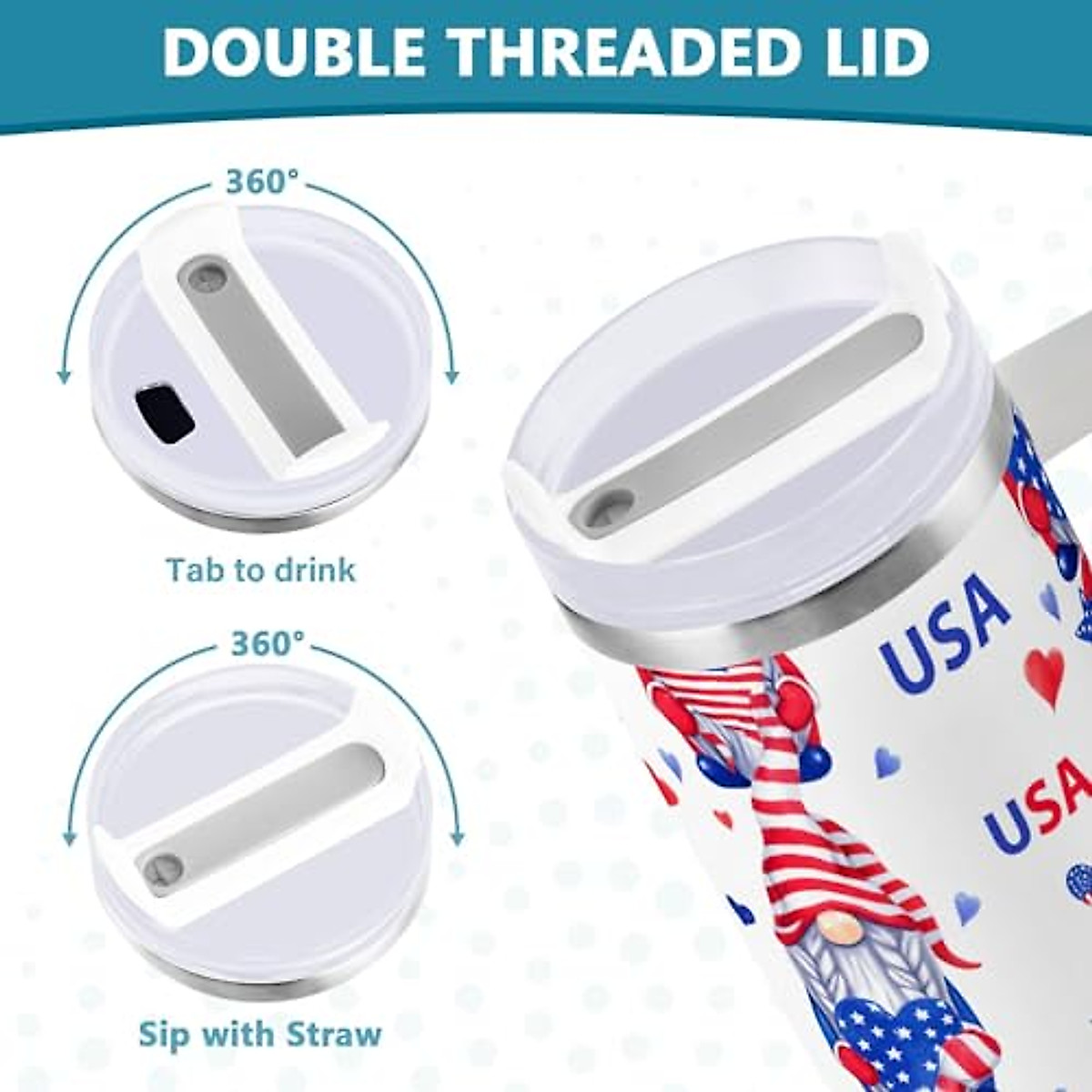 ODAWA Large Fall Insulated Tumbler with Lid and Straw, Cute Gnomes Usa Flag Double Wall Insulated Tumbler
