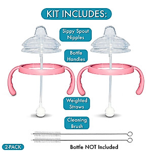 Sippy Cup Conversion Kit for Comotomo Baby Bottles | 2-Count | with Soft Silicone Sippy Spout Nipples, Weighted Any Angle Straw Ball, Bottle Handles and Straw Cleaning Brush (Sippy Spout, Pink)