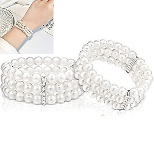 Asphire Vintage Pearl Bracelet 2pcs 3-Row Pearl Stretch Bracelet Multi-Layered Elastic Bangle Bridal Wedding Jewelry 1920s Flapper Costume Accessories for Women