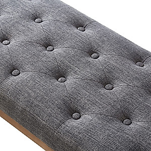 24KF Linen Upholstered Buttons Tufted Entryway Bench with Solid Wood Leg,Bed Bench Ottoman with Padded Seat,5034-Dark Gray