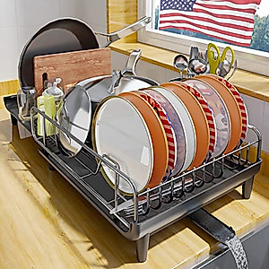 SNTD Dish Drying Rack for Kitchen Counter Sink Organization and Storage Black, Expandable Large Capacity Dish Rack Dish Drainer Utensil Sponge Holder Sink Caddy Over The Sink Pot Pan Rack Organizer