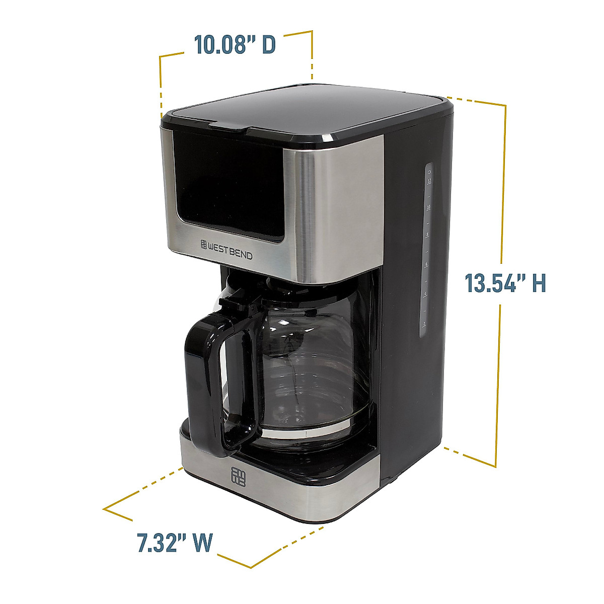 West Bend Drip Coffee Maker Brews Hot or Iced, Programmable with Brew Strength Selector Auto Shut-Off and 6 Functions Permanent Mesh Filter and Glass Carafe, 12-Cup, Metallic,Silver