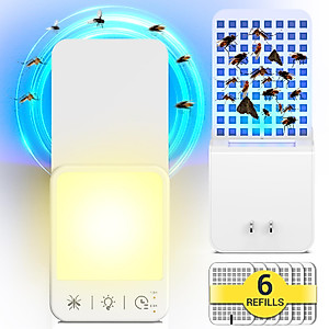 Fruit Fly Traps for Indoors, 2 in 1 Plug in Flying Insect Trap with LED Night Light and UV Attractant, Fly Traps Indoor for Home Fruit Fly Killer (1 Device & 6 Glue Cards)