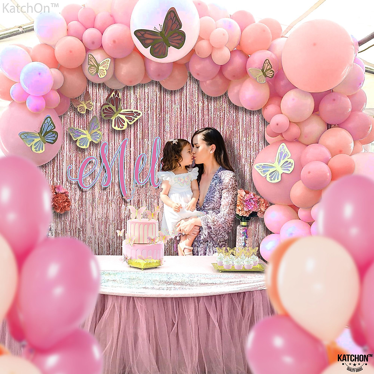 KatchOn, Iridescent Rose Gold Fringe Curtain - 3.2x8 Feet, Pack of 2 | Rose Gold Backdrop Curtain for Rose Gold Birthday Decorations | Irridescent Rose Gold Streamers | Bachelorette Party Decorations