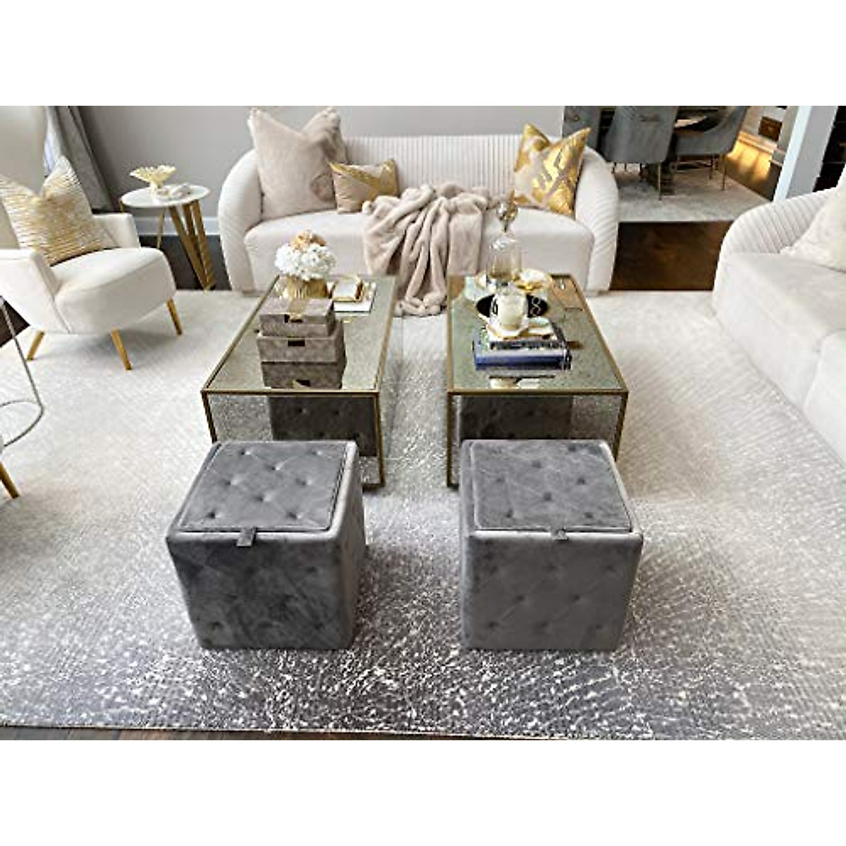 Inspire Me! Home Décor Genevieve Ottoman with Inset Faux Marble Tray Table Lid, Classy Pewter Grey Soft Velvet, 17 x 17 x 17 in, Glamorous Tufted Design, Comfortable Seating, Hidden Storage