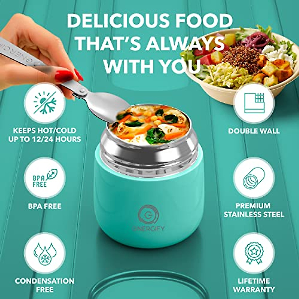 ENERGIFY Vacuum Insulated Food Jar. 17oz Thermos Includes Folding Spoon and Cup. Hot & Cold Drinks, Lunch Container For Kids and Adults. Made of Premium BPA-Free Stainless Steel, Leak Proof, Blue