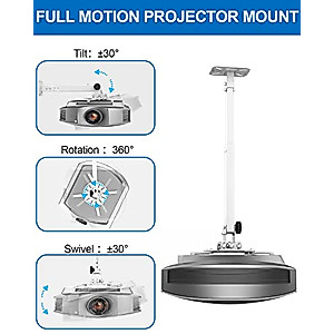 Joy Seeker Universal Wall or Ceiling Projector Mount, Extendable Low Profile Projector Bracket with Height Length Adjustable Arm, Full Motion Projector Holder/Hanger Fits Flat or Sloped Ceiling, White