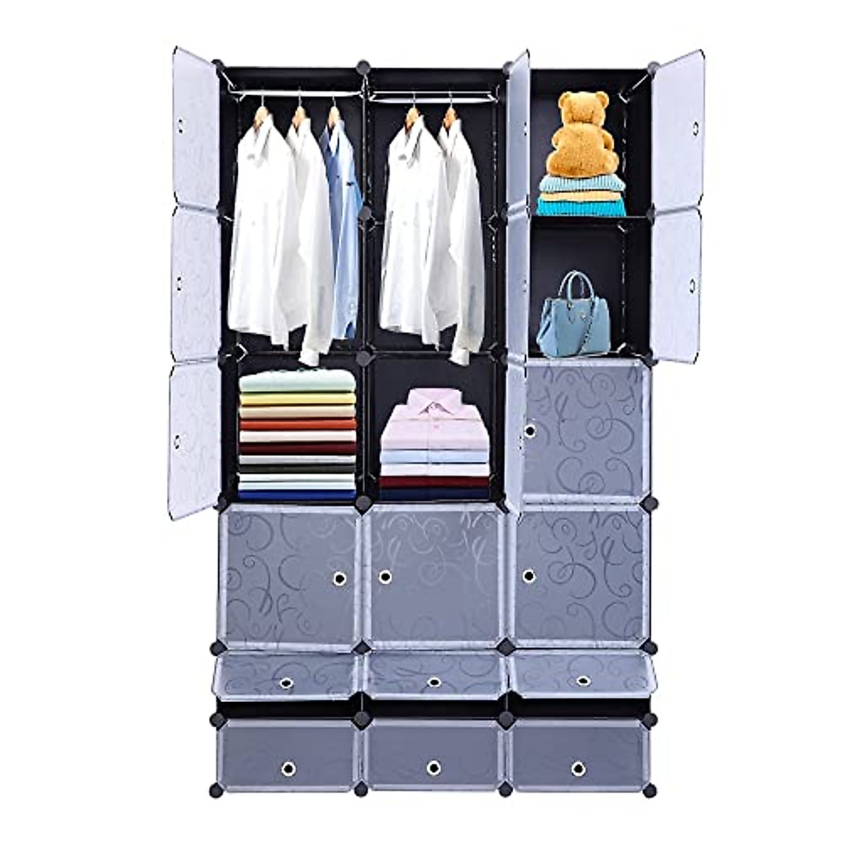 Cffuvros 18-Cube DIY Plastic Closet Cabinet, Storage Cube Organizer with Doors and Clothes Rod, Stackable Closet Shelf for Bedroom, Plastic Space Saver for Home, Living Room, Office