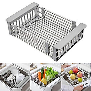 CARNAVAL Retractable Stainless Steel Sink Strainer Drain, Telescopic Drain Basket with Adjustable Armrest, Kitchen Rack Drain Basket, Over The Sink Dish Drying Rack.
