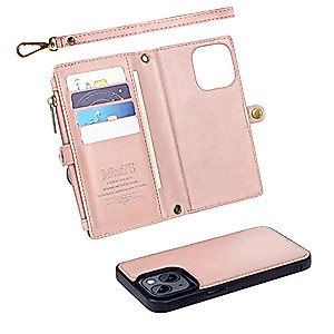 MInCYB Wallet Case Compatible with iPhone 13, Zipper Case with RFID Blocking Card Holder Slots, Magnetic Detachable Leather Flip Folio Cover. Crossbody Phone Case of iPhone 13. Pink