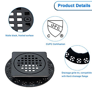 4 Inch Drain Grate Kit Compatible with Schluter Kerdi-Drain Flange Square Shower Floor Drain SS304 Stainless Steel and ABS Material - CUPC Certification, Matte Black