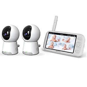 NexiGo Video Baby Monitor with Camera and Audio, 5 Inch Split IPS Screen, Support Up to 4 Cameras, 2-Way Audio, Pan-Tilt-Zoom, 4800mAh Battery, Temperature Detection, Night Vision, 2 Pack (White)