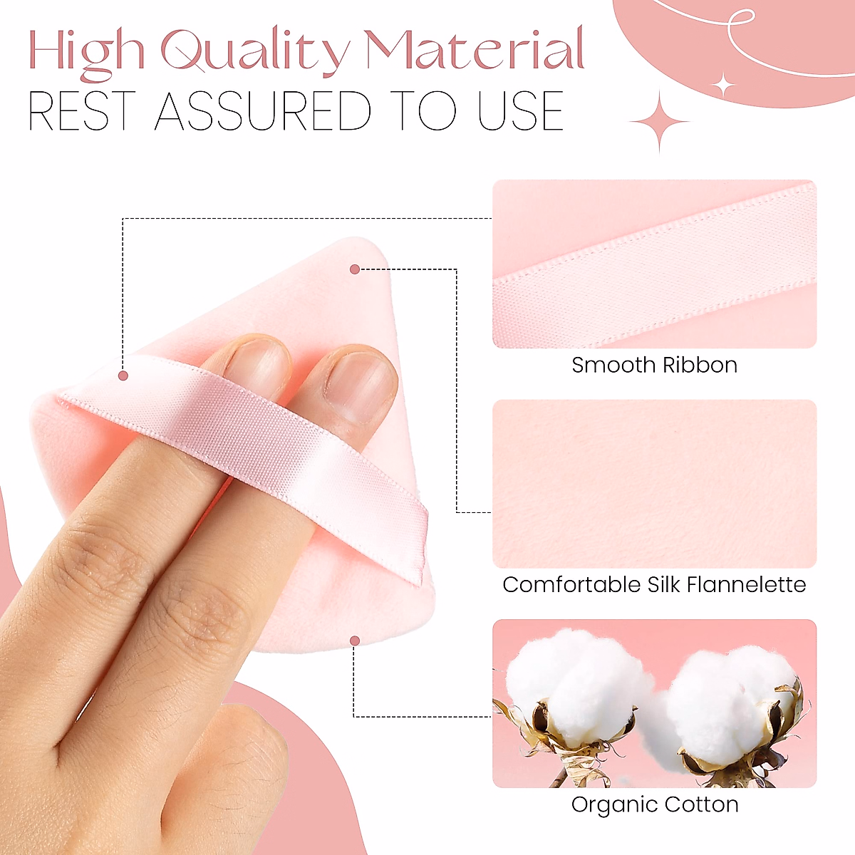 MOTZU 12 Pieces Pure Cotton Powder Puff, Made of Cotton Velour in Triangle Wedge Shape Designed for Contouring, Under Eyes and Corners, 2.76 inch Normal Size, with Strap, Makeup Tool For Cosmetic