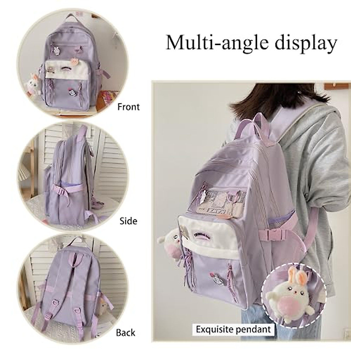 YJMKOI Kawaii Backpack for Girls with Pins Primary School Backpack Sweet and Cute Girl School Bag Kids BookBag， Black