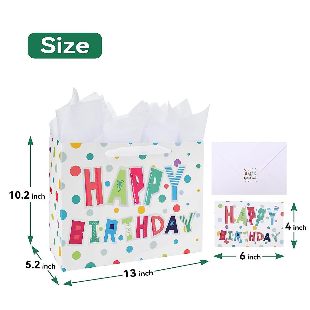 13" Large Colorful Gift Bag Set with Greeting Card and Tissue Paper (Foil Laser Border Happy Birthday) for Women's, Men's, Girls, Boys, Baby Shower