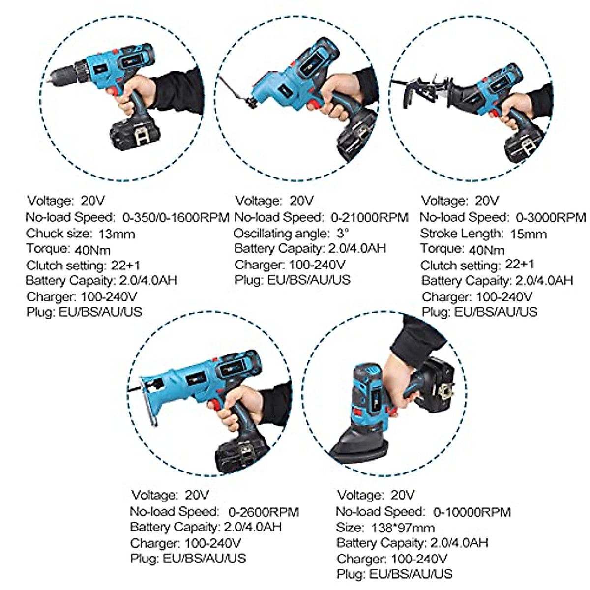 NEWONE 20V Cordless Drill Combo Kit,4-Tool Max Power Tool Combo Kit with Case,4 Attachment,Drill,Reciprocating saw, Oscillating tool, Sander with Accessories,2.0Ah Lithium-Ion Battery and Charger