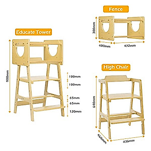 Montessori Educating Tower, Toddler High Chair & Step Stool with 3 Adjustable Height, Standing Kitchen Helper Bathroom Wood Safety Grow Seat, Multi-Function 3 in 1 for 1-12 Years