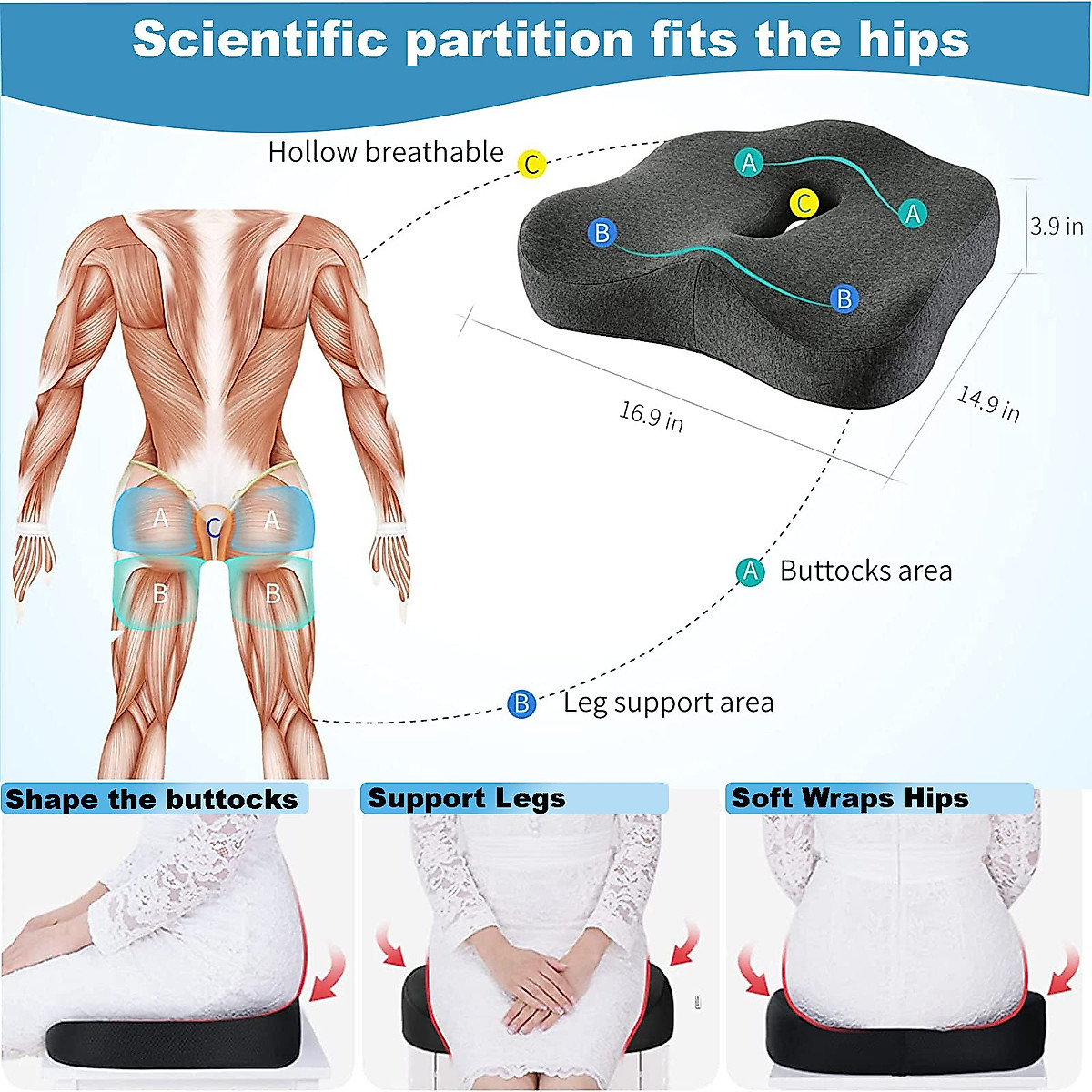 Chair Seat Cushion-Pressure Relief Seat Cushion for Long Sitting Hours on Office, Home Chair, Car Memory Foam Office Chair Cushion for Back, Coccyx, Tailbone Pain Relief