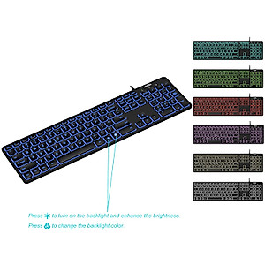 Arteck Backlit USB Wired Full Size Keyboard with Media Hotkey for PC and Laptop