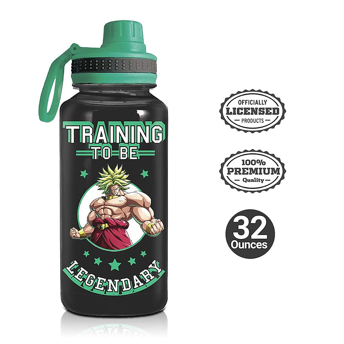 JUST FUNKY Dragon Ball Super Saiyan Goku Water Bottle w/Sporty Green Cap [BLACK 32oz] Hydro Tumbler Flask, Anime Plastic Water Bottle (OFFICIALLY LICENSED)