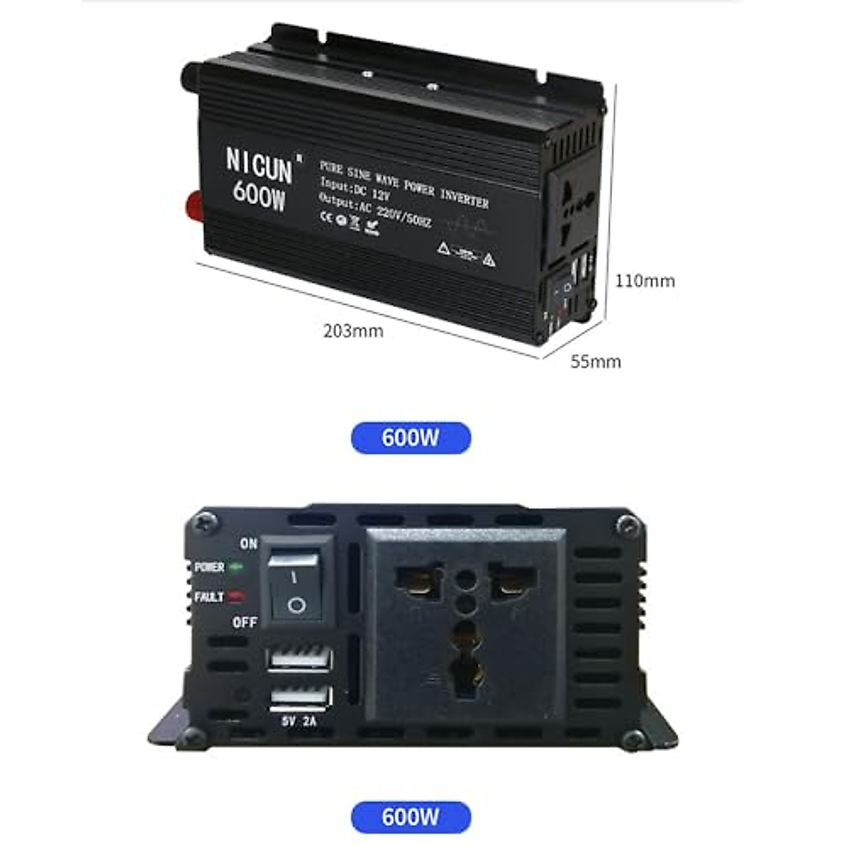 12V24V to 220V Vehicle Pure Sine Inverter Pure Sine Wave 600w1200W High Power Inverter Solar Inverter (Color : 24V, Size : 600W)